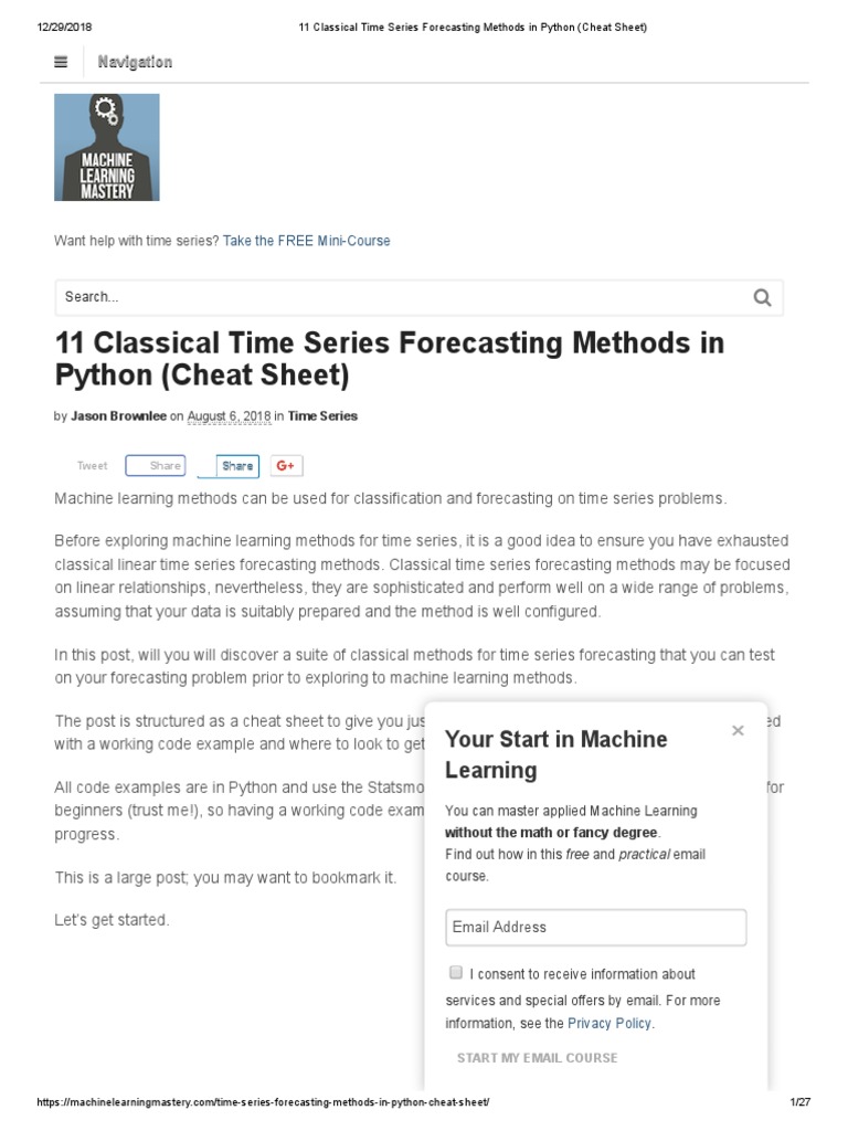 11 Classical Time Series Forecasting Methods In Python Cheat Sheet