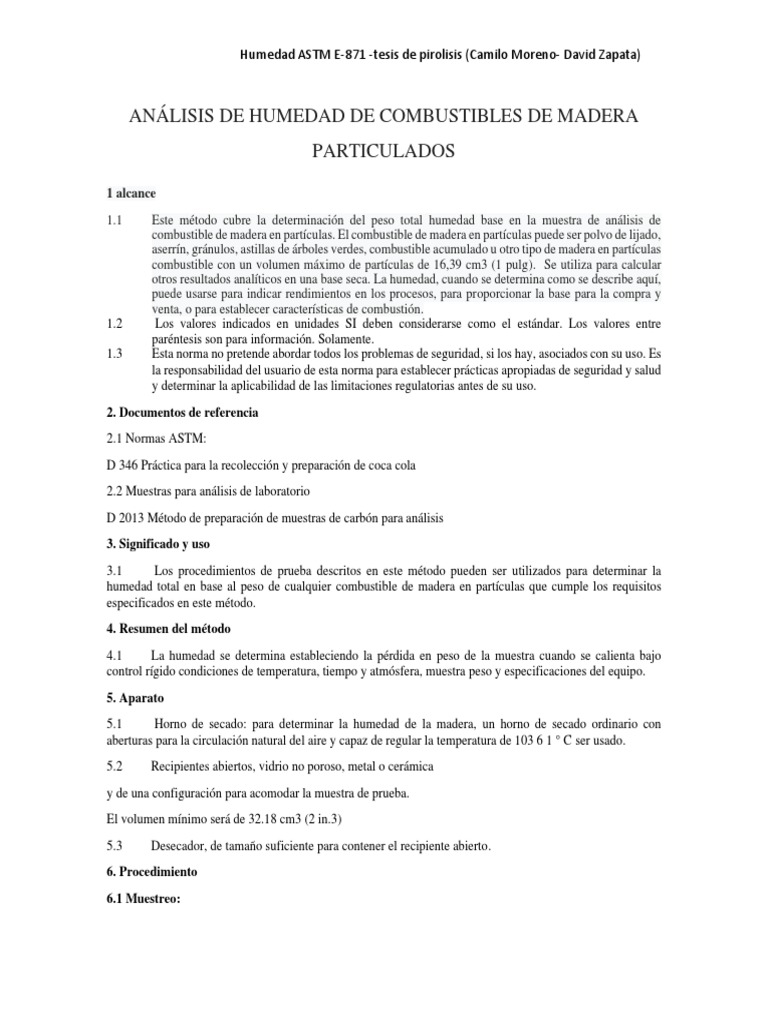 Análisis de Humedad Astm E871-82 | PDF | Combustibles | Madera