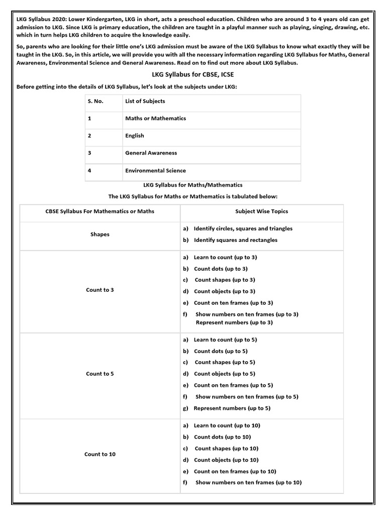 LKG Syllabus 2020 | PDF | Kindergarten | Teaching Mathematics