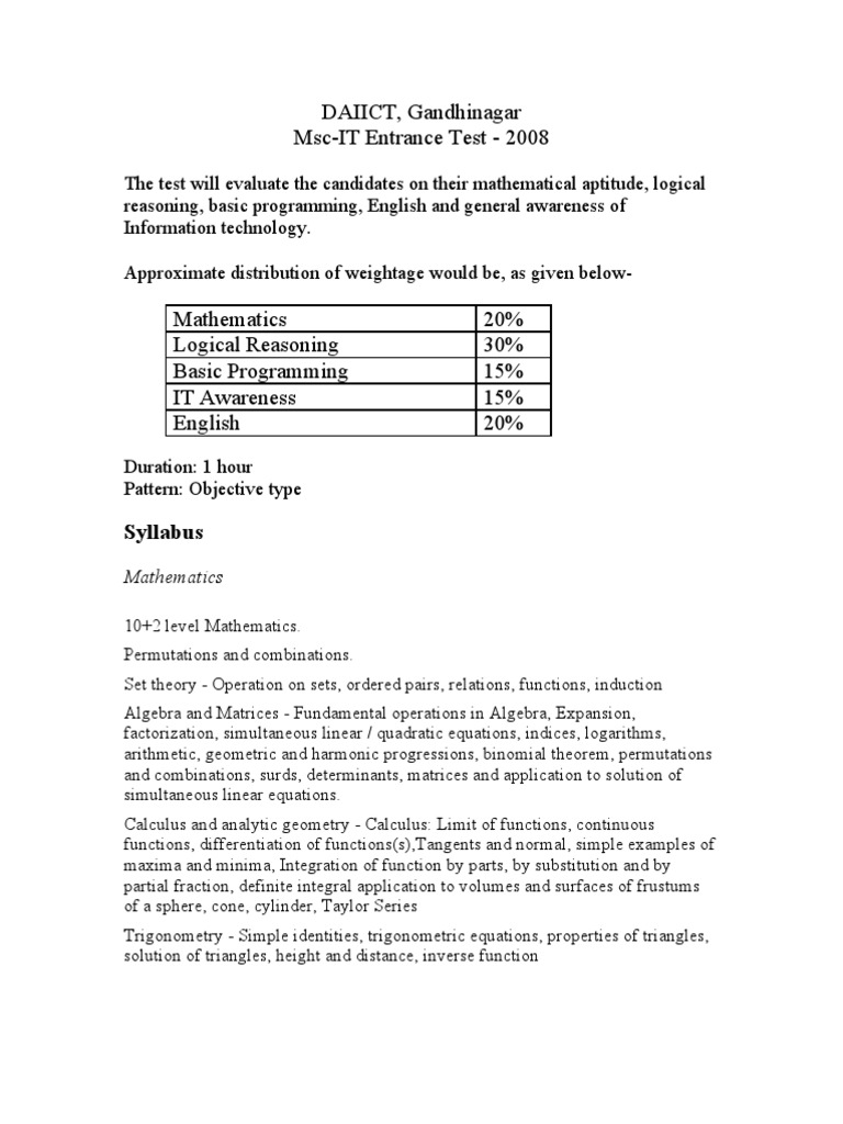 MscIT Entrance Test Syllabus | PDF | Trigonometric Functions | Equations