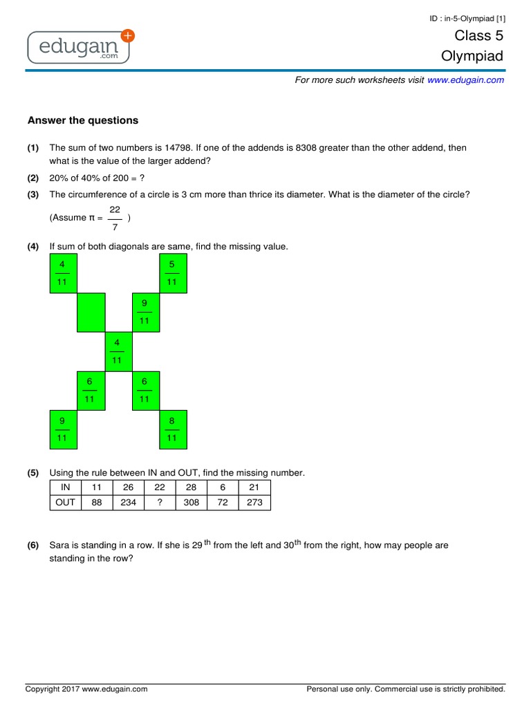 Grade 5 Olympiad in PDF | PDF | Elementary Mathematics | Teaching ...