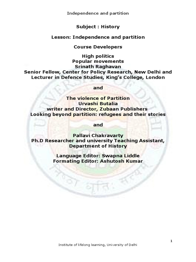 Independence and Partition | PDF | Partition Of India | Muhammad Ali Jinnah