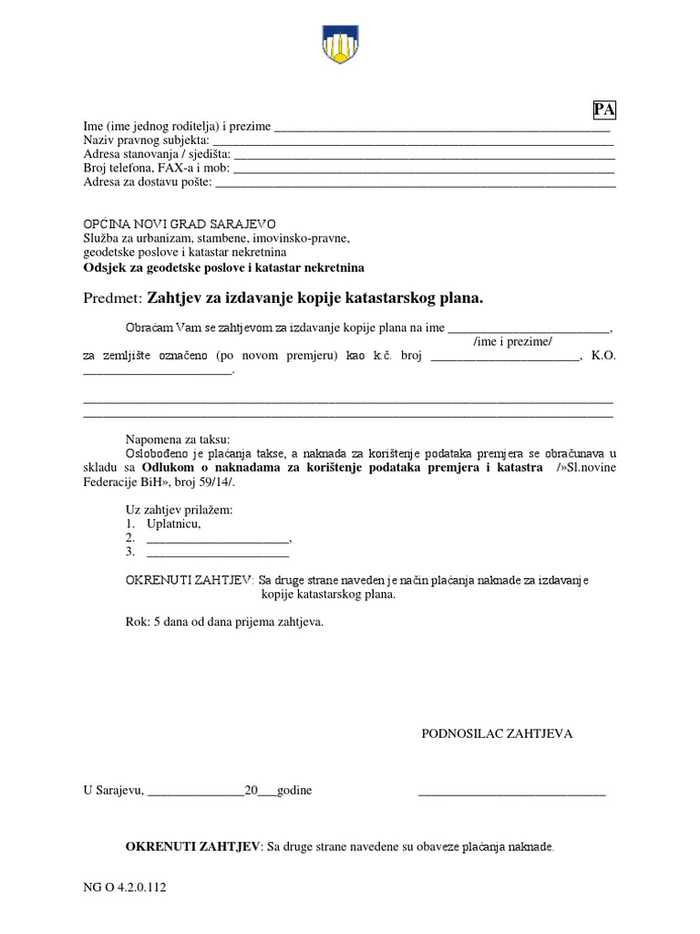Zahtjev Za Izdavanje Kopije Katastarskog Plana PA | PDF