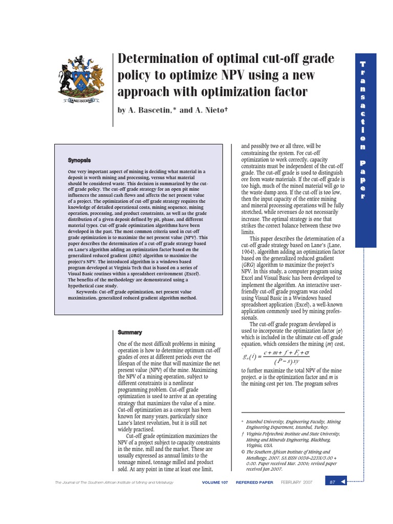 Determination of Optimal Cut-Off Grade Policy (Referencia) | PDF ...