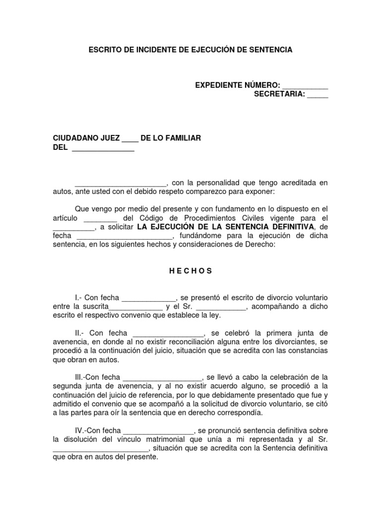 Escrito de Incidente de Ejecuci N de Sentencia | PDF | Sentencia (ley) | Divorcio