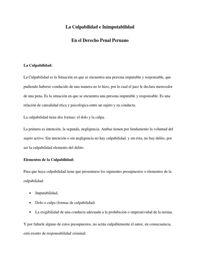 La Culpabilidad e Inimputabilidad | PDF | Intención (Derecho Penal ...