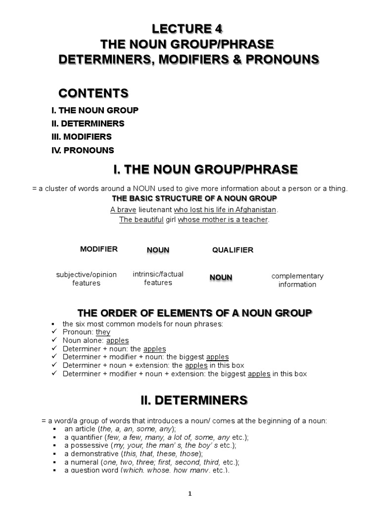 Noun Groups: Determiners & Modifiers | PDF | Adjective | Noun