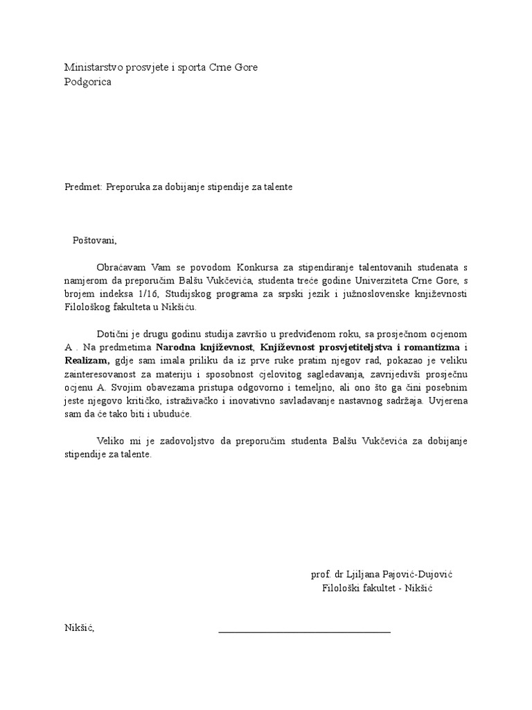 Preporuka Ministarstvu Prosvjete | PDF