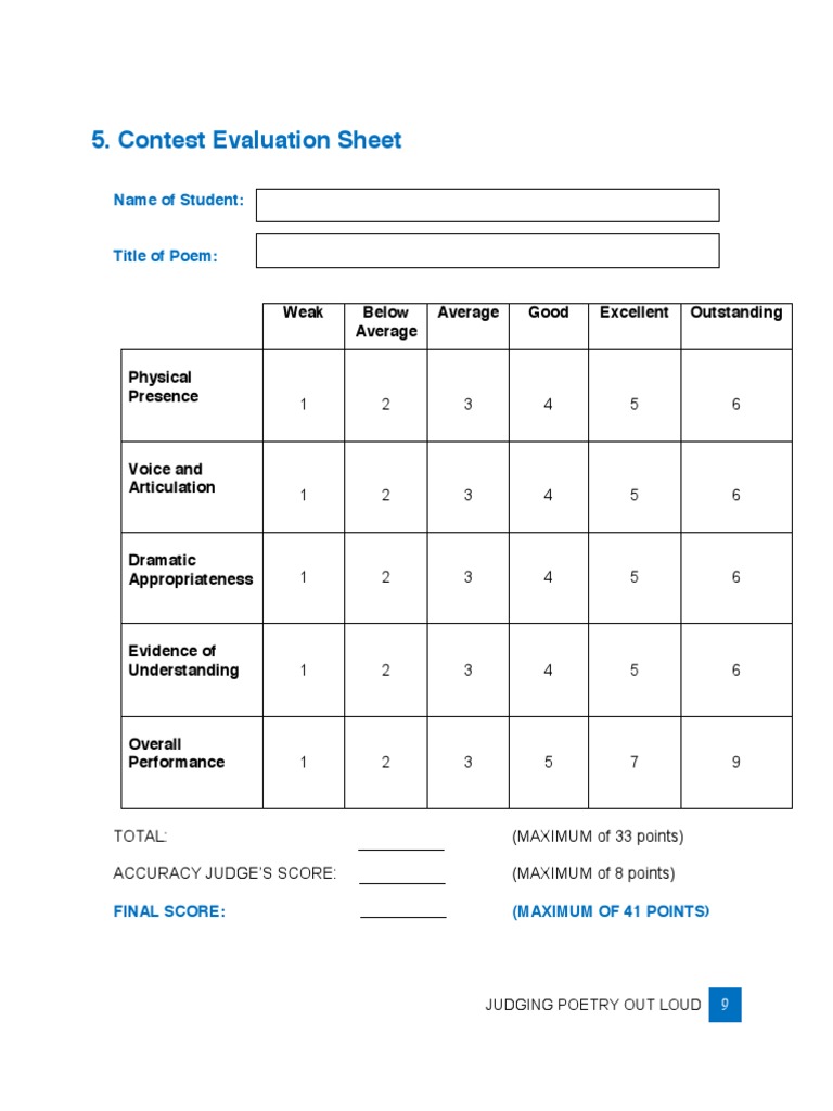 Poetry Recitation Judging Criteria | PDF | Singing | Poetry