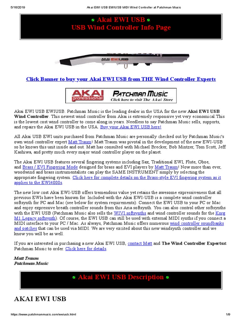 Akai EWI USB EWIUSB MIDI Wind Controller at Patchman Music | PDF | Synthesizer | Elementary ...