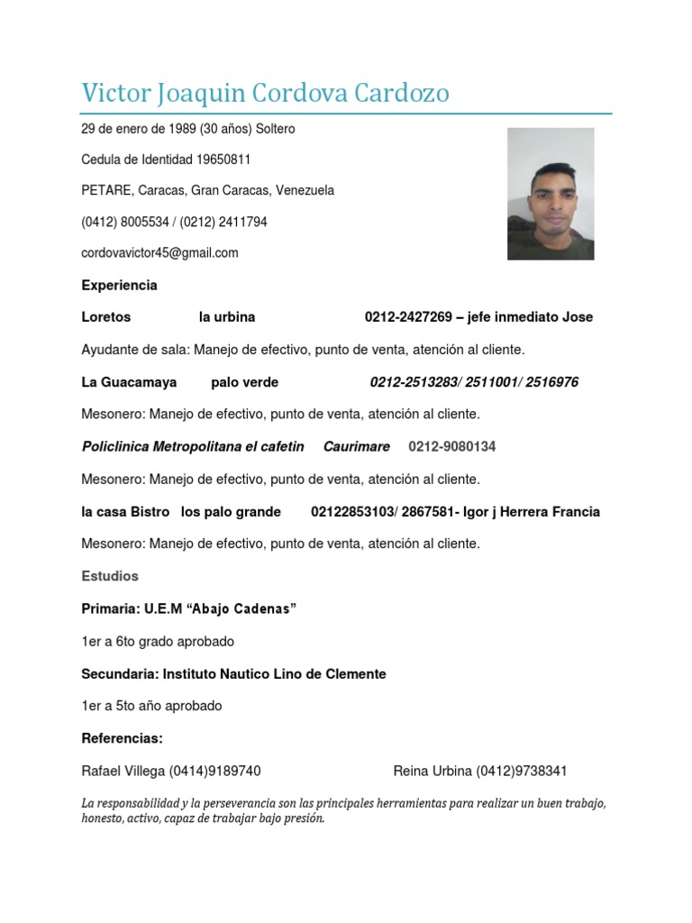 Currículum de Victor Cordova Cardozo | PDF | Viajes y turismo | Hogar ...