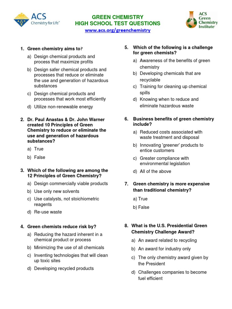 Green Chemistry High School Quiz | PDF | Green Chemistry | Chemistry