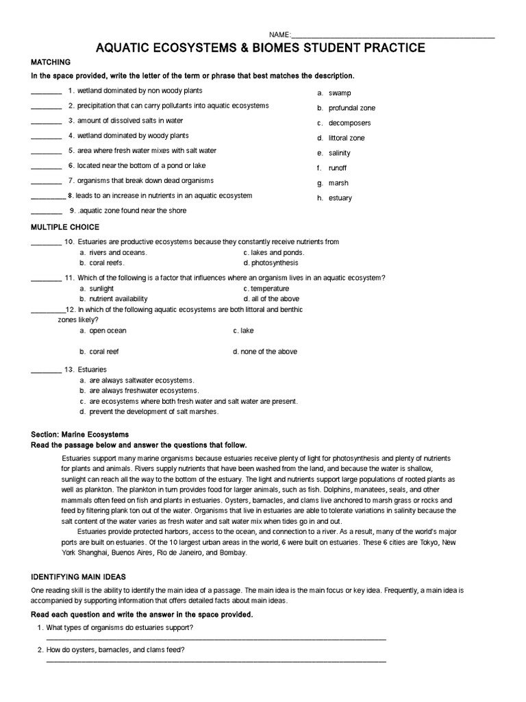 Aquatic Ecosystems & Biomes Student Practice (3.3) | PDF | Aquatic ...