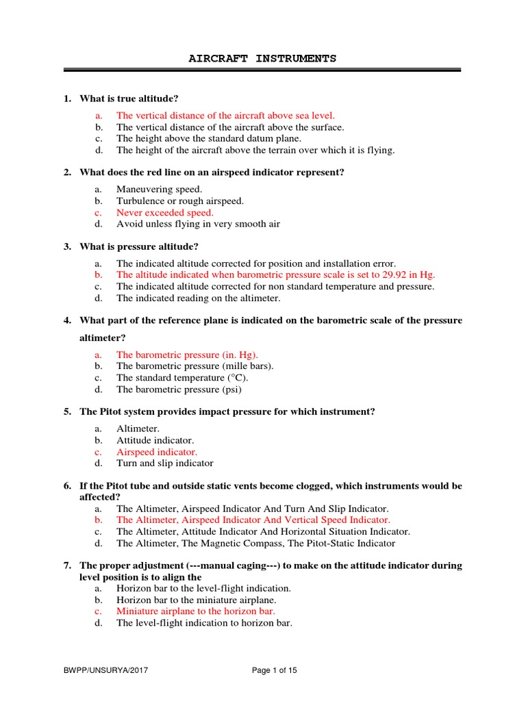 Aircraft Instrumentation Quiz | PDF | Airspeed | Altimeter
