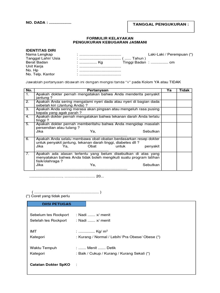 Formulir Kelayakan Pengukuran Kebugaran Jasmani | PDF | Pengembangan Diri