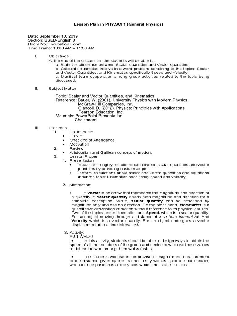 Lesson Plan in Physics | PDF | Velocity | Kinematics