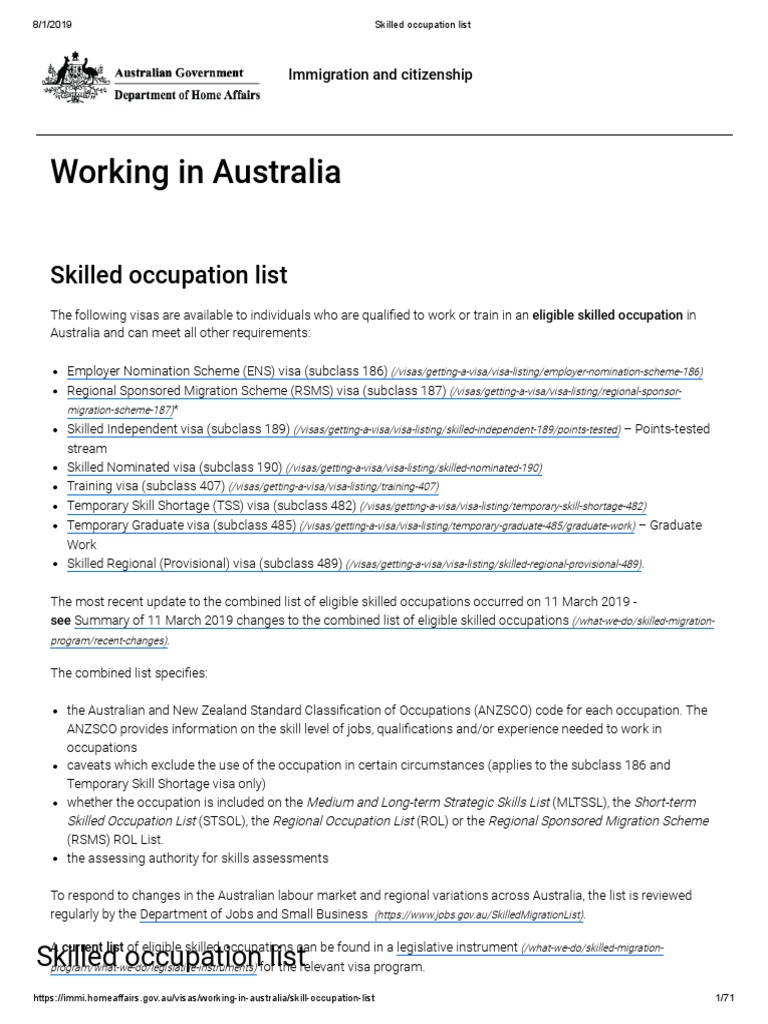 Skilled Occupation List | PDF | Travel Visa | Australia