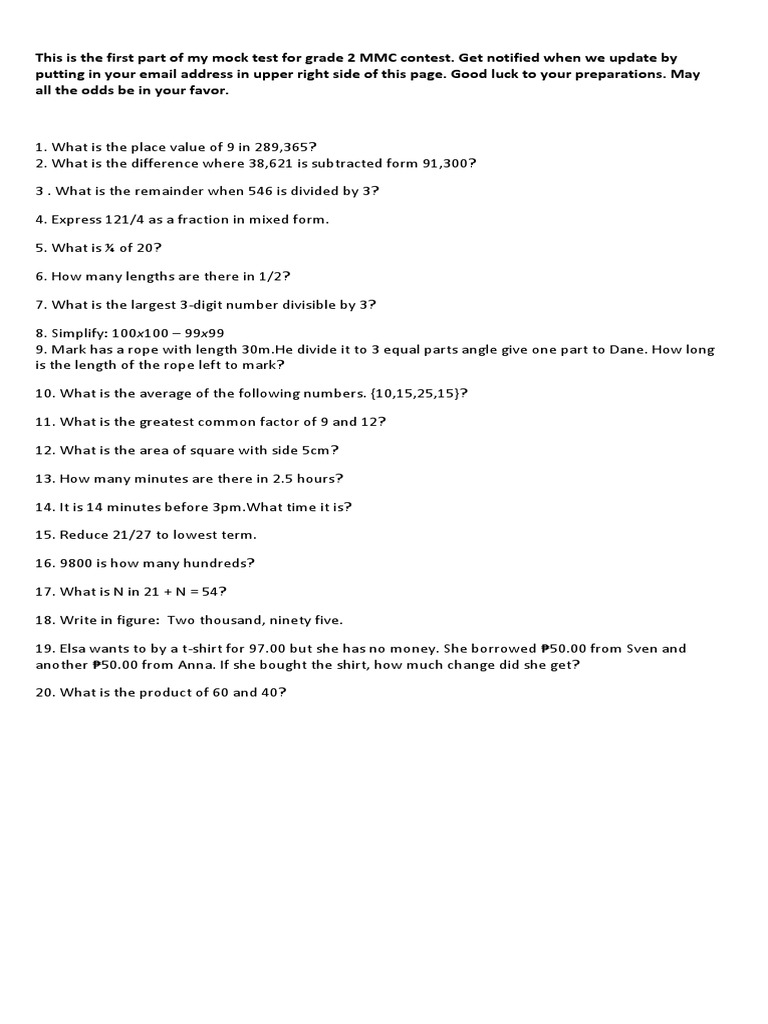 Mock Test For Grade 2 MMC Contest | PDF | Teaching Mathematics