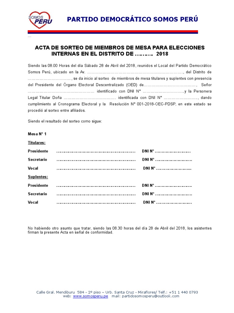 Somos Peru Modelo de Acta de Sorteo de Miembros de Mesa para Elecciones Internas | PDF