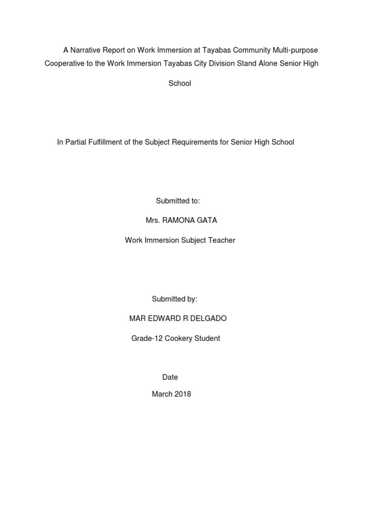 A Narrative Report On Work Immersion at Tayabas Community Multi | PDF ...