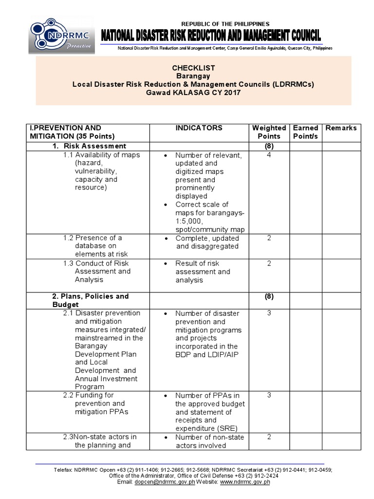 Barangay DRRM Plan Checklist 2024 | PDF | Emergency Management | Hazards