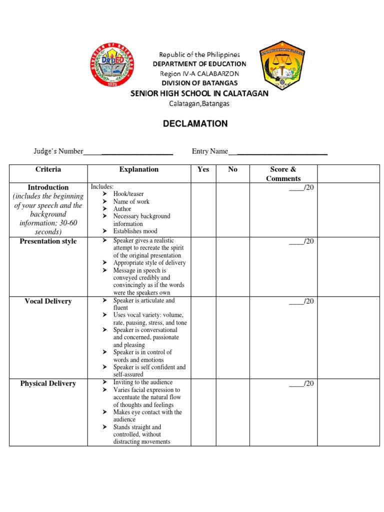 Declamation Rubric | PDF | Speech | Emotions