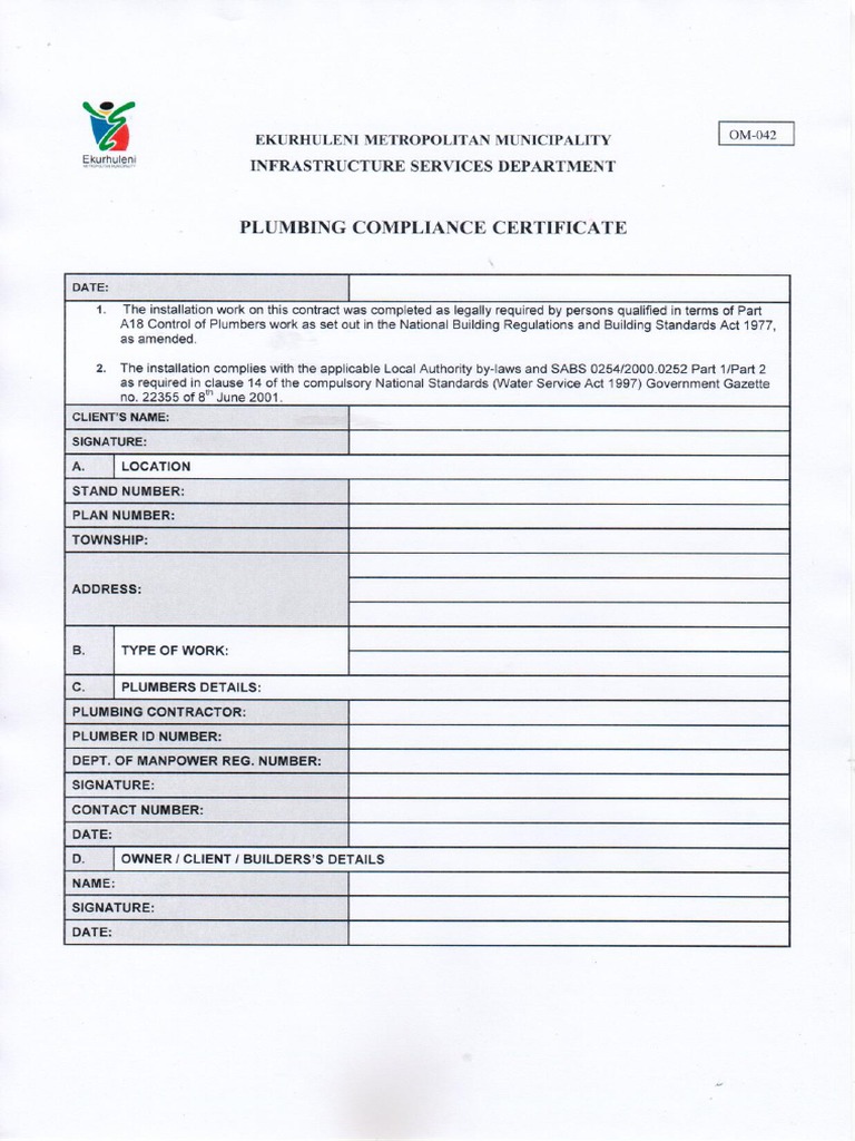 Plumbing Compliance Certificate - Ekurhuleni | PDF