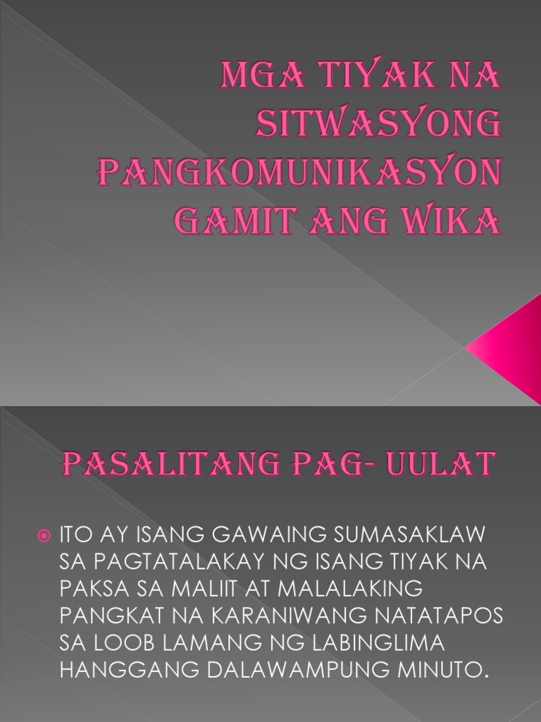 Mga Tiyak Na Sitwasyong Pangkomunikasyon Gamit Ang Wika | PDF Mga Tiyak Na Sitwasyong Pangkomunikasyon Gamit Ang Wika | PDF