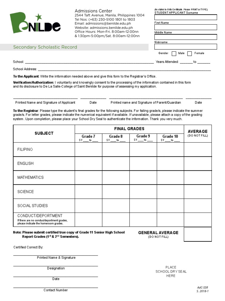 Admissions Center - Benilde Secondary Scholastic Record PDF | PDF ...
