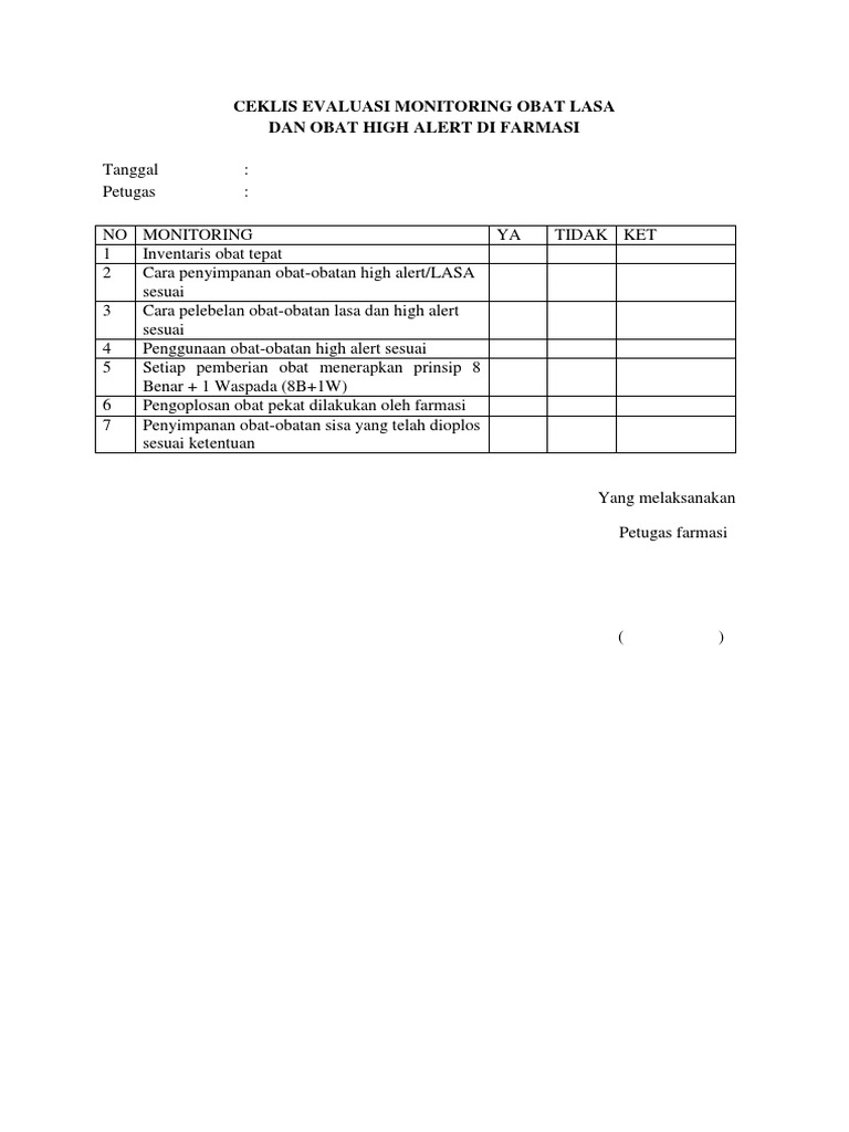 Ceklis Evaluasi Monitoring Obat Lasa | PDF