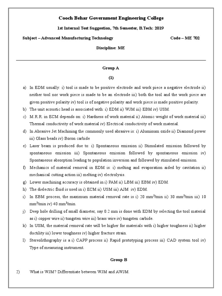 Advanced Manufacturing Question Sample | PDF | Machining | Materials ...