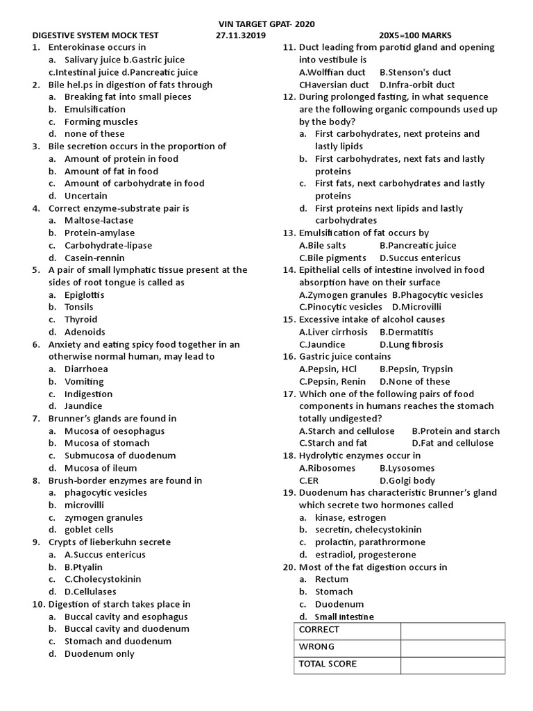 Digestive System Mock Test | PDF | Digestion | Human Digestive System