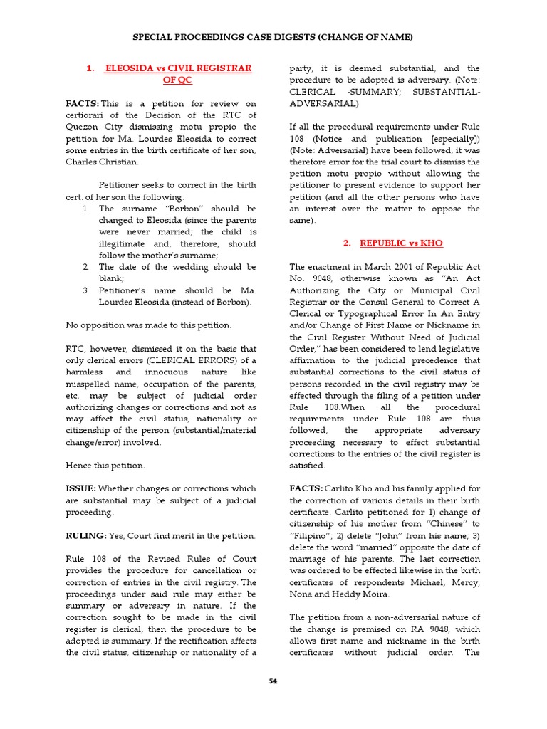 Specpro Case Digests Change of Name | PDF | Annulment | Judgment (Law)