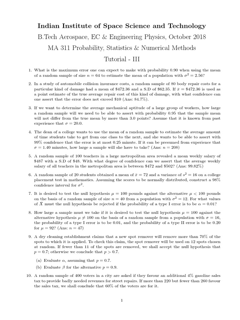 MA311 Tutorial 3 | PDF | Normal Distribution | Confidence Interval