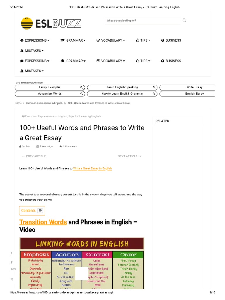 100+ Useful Words and Phrases To Write A Great Essay - ESLBuzz Learning ...