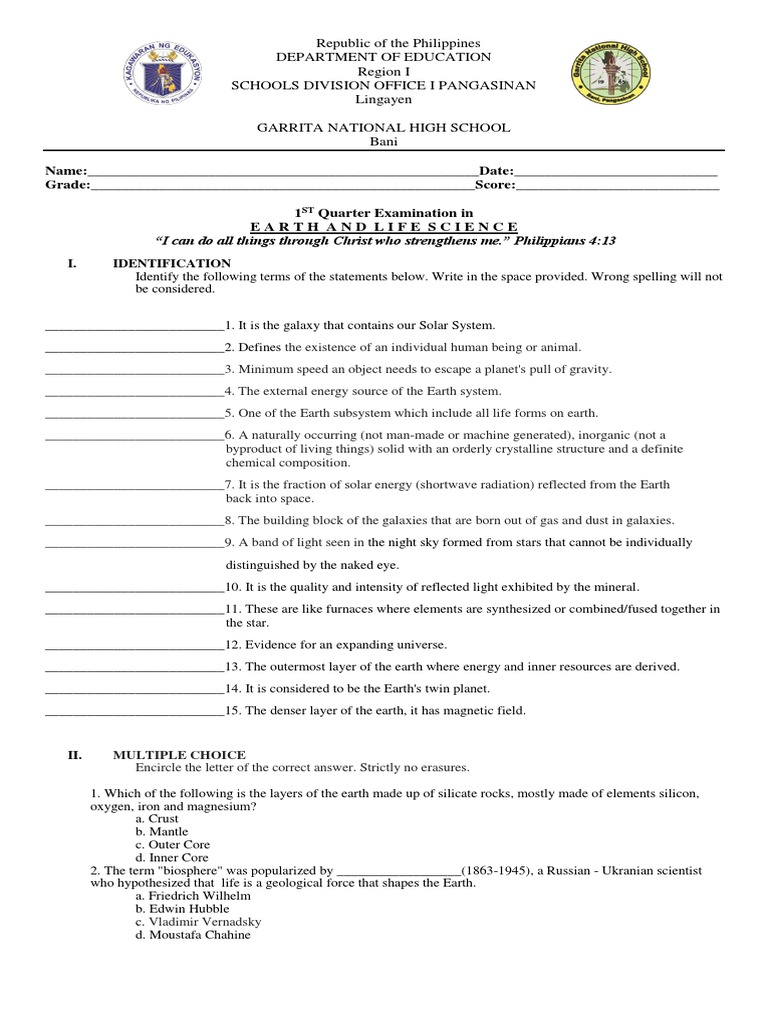 Earth and Life Science First Quarter Examination | Download Free PDF ...