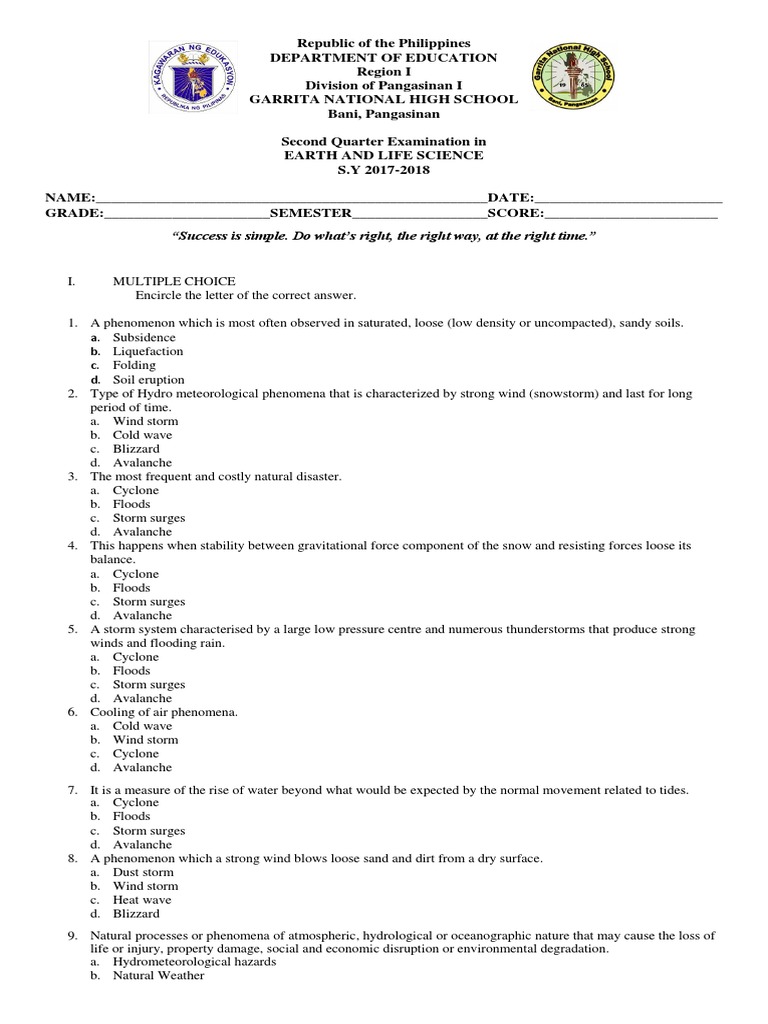 Earth and Life Science Grade 11 Second Quarter Examination | PDF ...