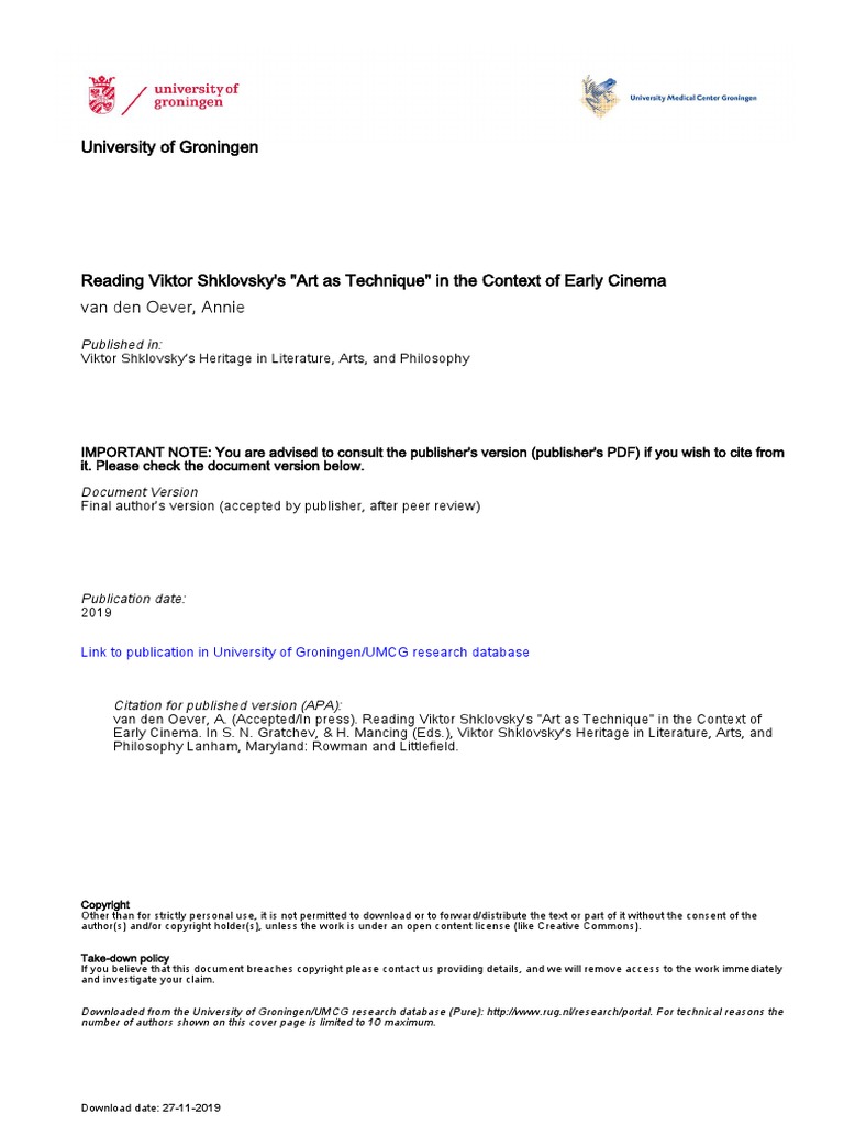 Viktor Shklovsky S Heritage in Literature Arts and Philosophy | PDF