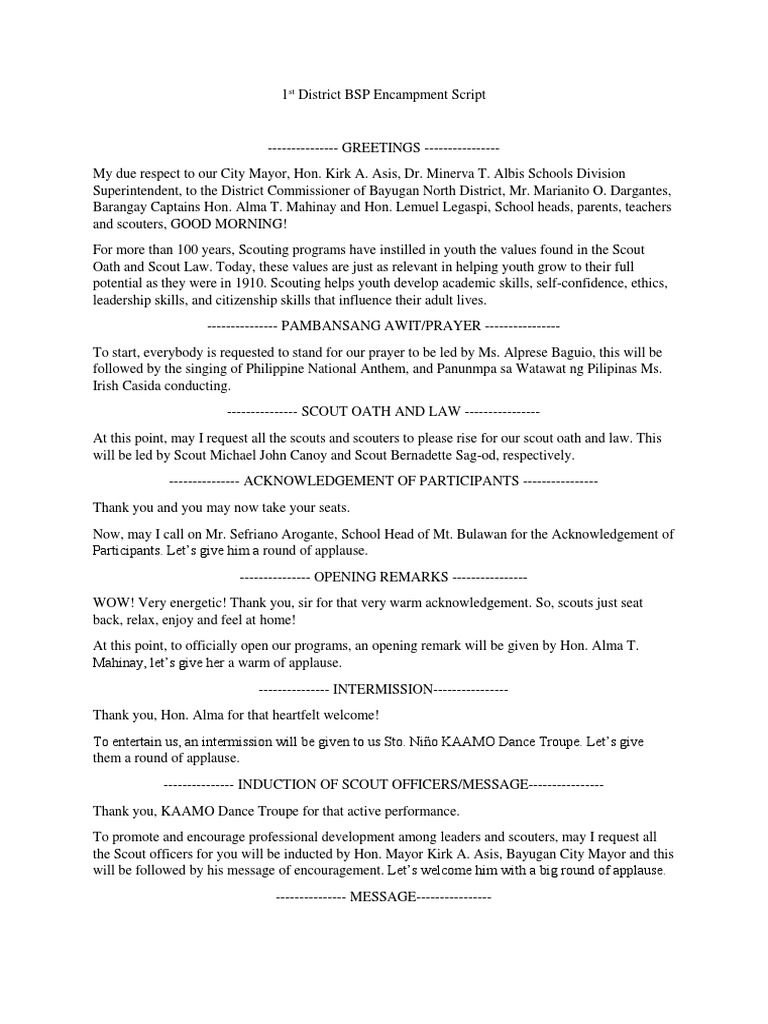 1st District BSP Encampment Script | PDF | Youth Movements | Scouting