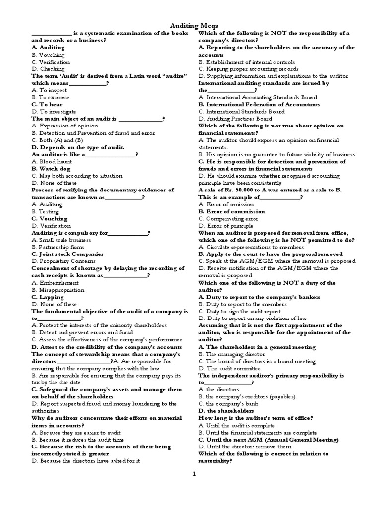 Auditing Mcqs | PDF | Financial Audit | Internal Control