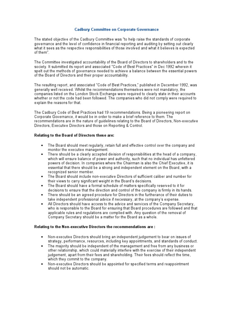 Cadbury Committee On Corporate Governance | PDF | Board Of Directors ...