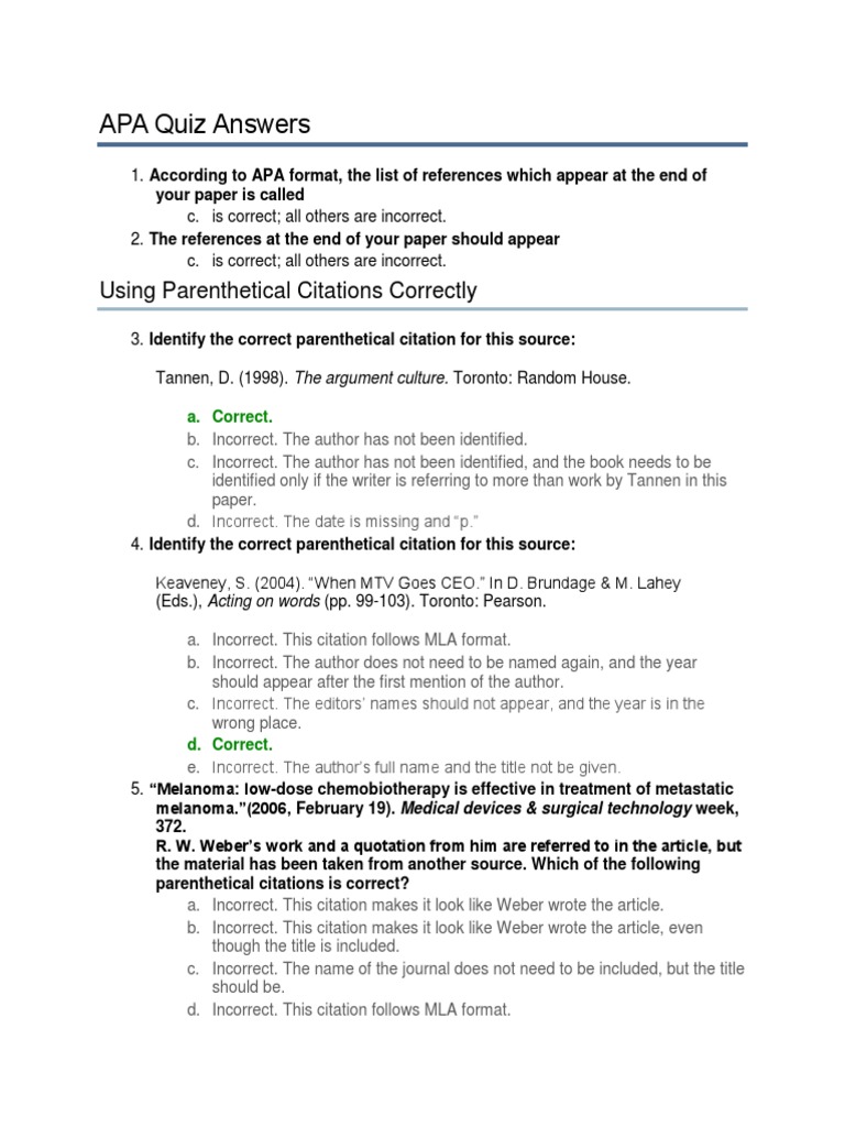 APA Quiz Answers | PDF | Citation | Language Mechanics