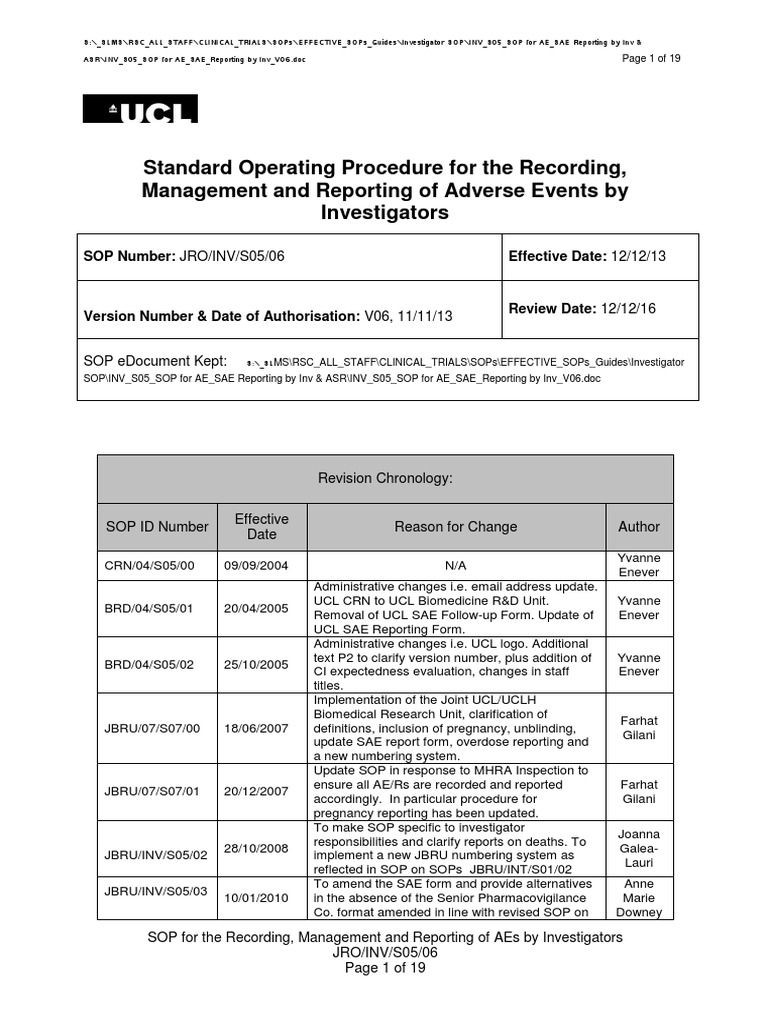 Standard Operating Procedure For The Recording, Management and ...