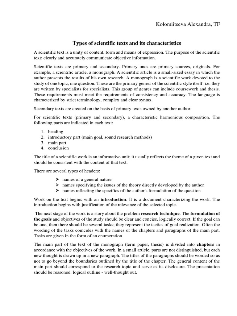 Types and Characteristics of Scientific Texts | PDF | Thesis | Abstract ...