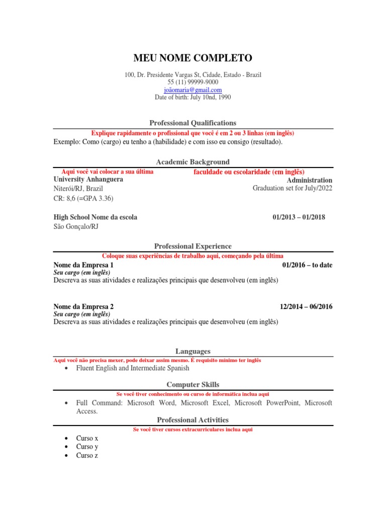 Modelo CV Editável - Inglês | PDF