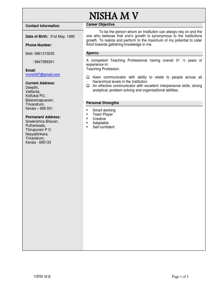 Nisha CV | PDF | Communication | Behavior Modification