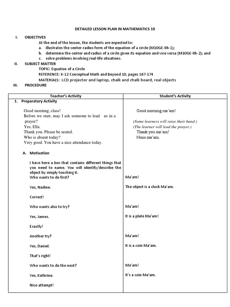 Detailed Lesson Plan in Mathematics | PDF | Circle | Radius