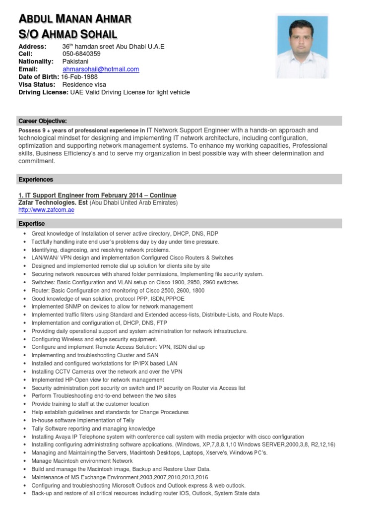 Abdul Manan Ahmar IT Support Engineer Resume | PDF | Computer Network | Microsoft Windows