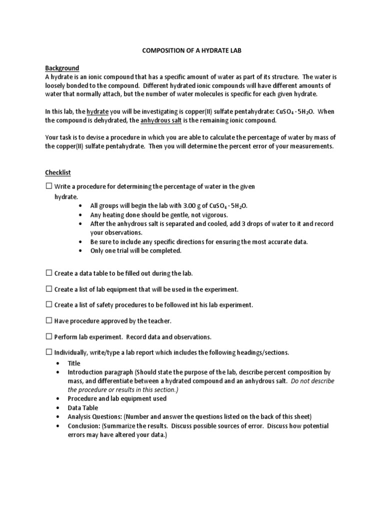 Chapter 2 Percent Composition Lab | PDF | Chemical Substances ...