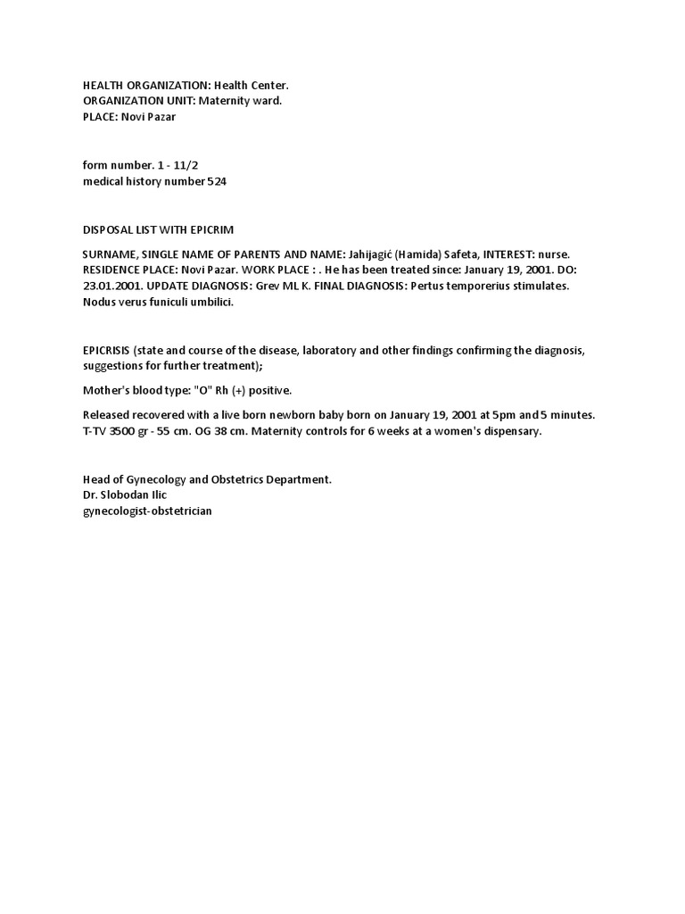 Otpusna Lista sa Epikrizom za Porodilište | PDF